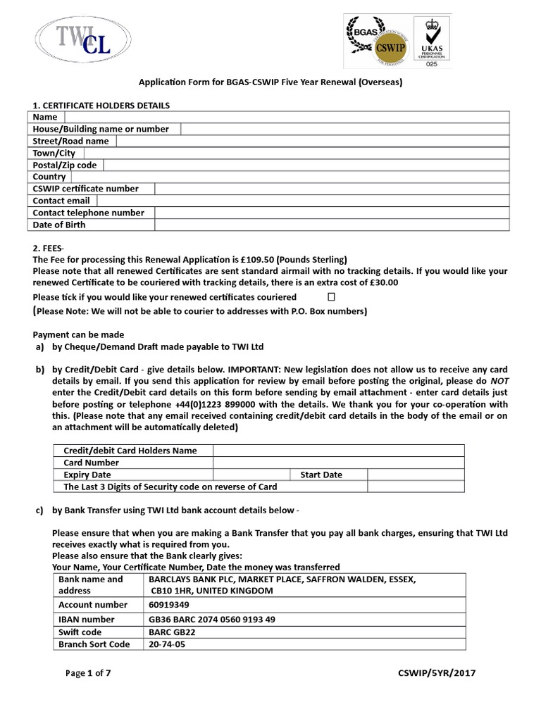 BGAS-CSWIP Application Form For 5 Year Renewal | PDF | Cheque | Wire ...