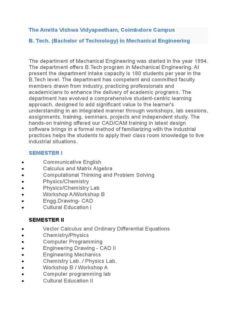 A Comprehensive Overview of the B.Tech Mechanical Engineering Program at Amrita Vishwa ...