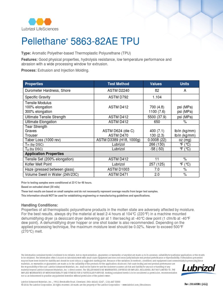 Pellethane 5863-82AE TPU: Technical Data Sheet | PDF | Extrusion ...