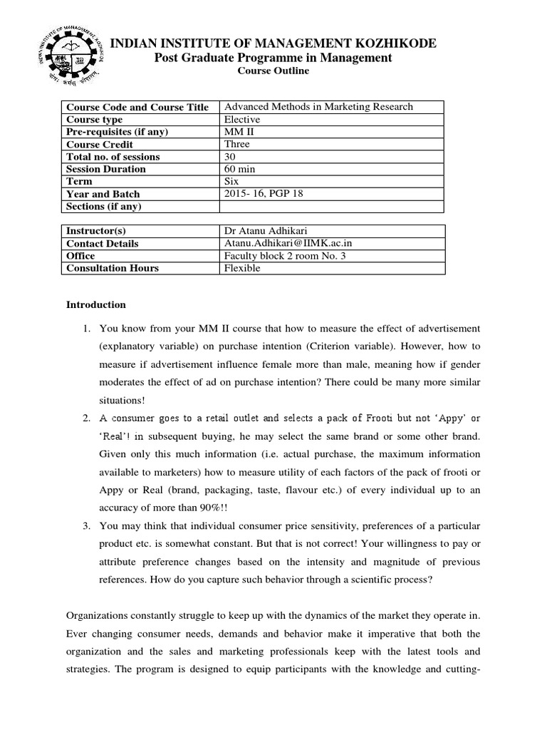 Advanced Marketing Research Course Outline | PDF | Marketing Research ...