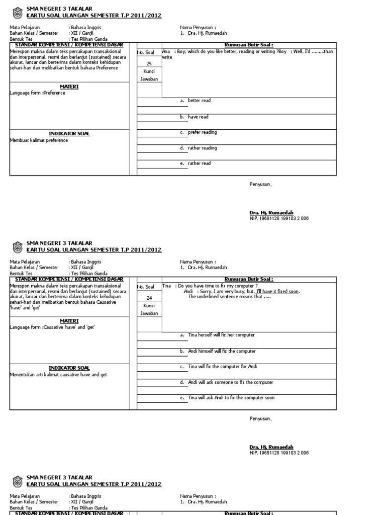 Kisi Kisi Dan Kartu Soal Bhs Inggris | PDF