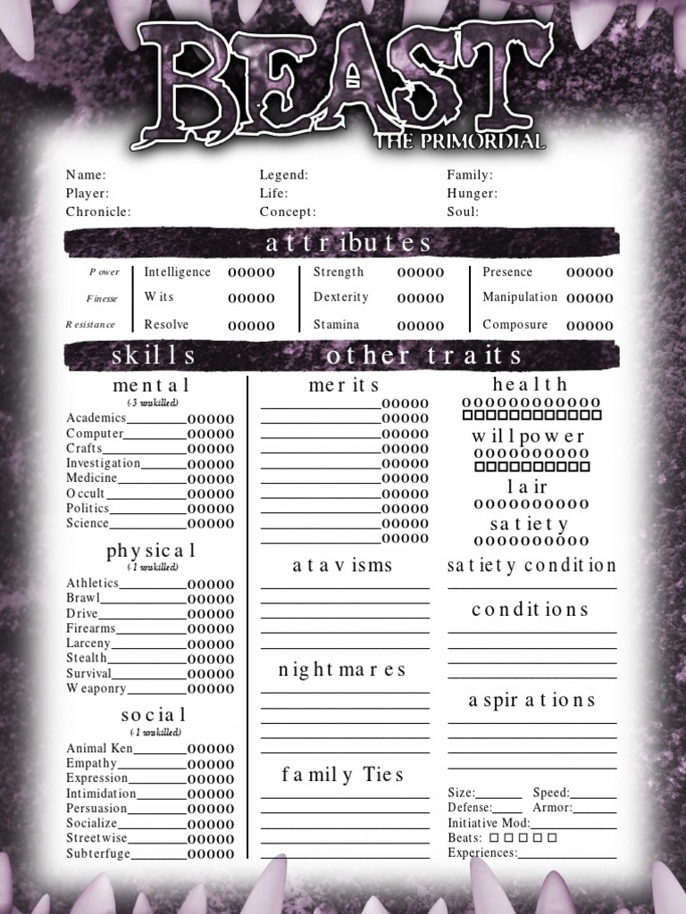 Beast The Primordial One Page Character Sheet | Leisure Activities ...