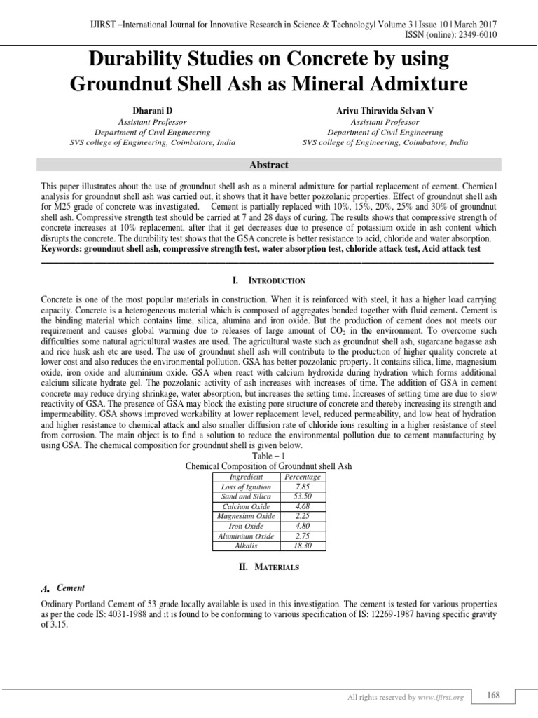 Durability Studies On Concrete by Using Groundnut Shell Ash As Mineral Admixture | PDF ...