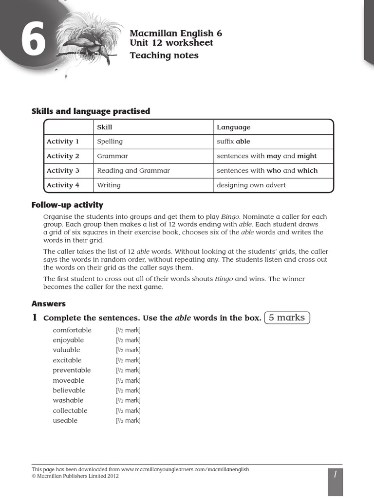 Macmillan English 6 Unit 12 Worksheet Teaching Notes: Complete The ...
