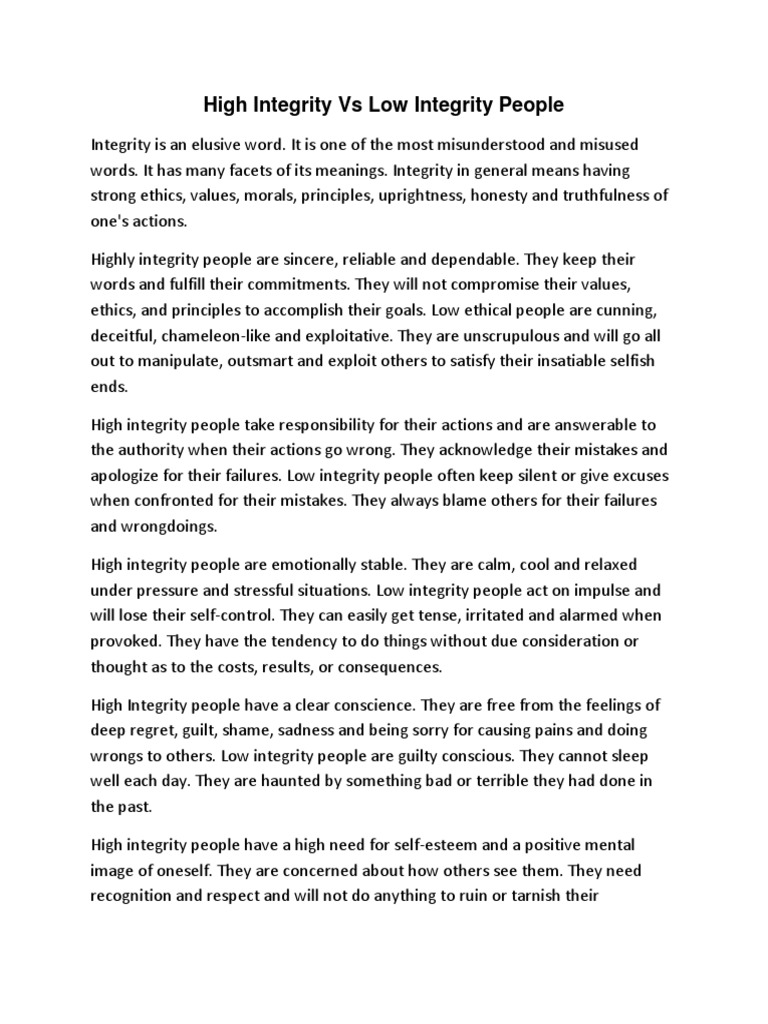 High Integrity People Vs Low Integrity People | PDF | Integrity | Self ...