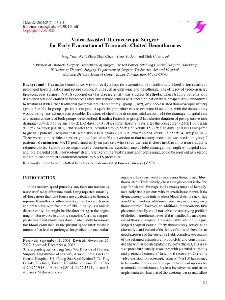 Video-Assisted Thoracoscopic Surgery For Early Evacuation of Traumatic ...