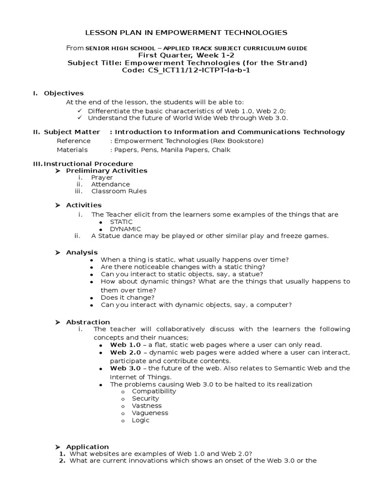 Lesson Plan in Empowerment Technologies: Senior High School - Applied ...