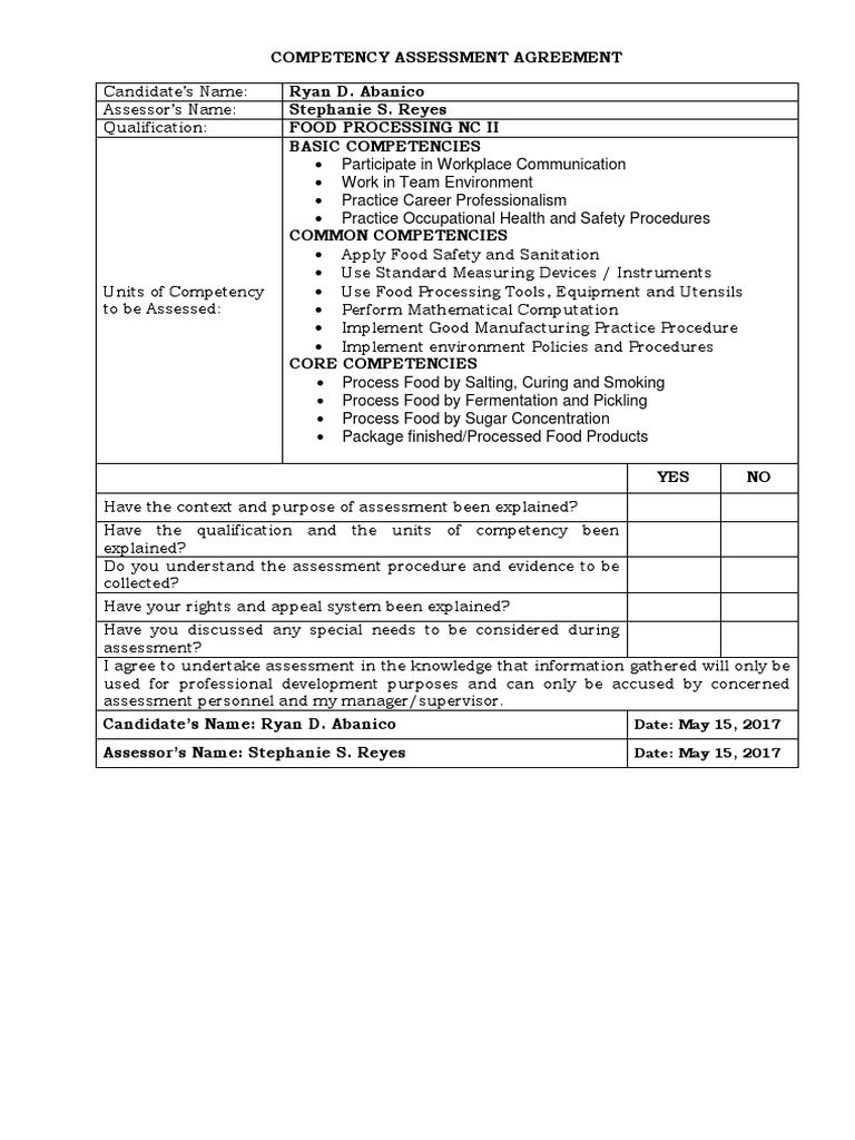 Competency Assessment Agreement Ryan D. Abanico Stephanie S. Reyes Food ...