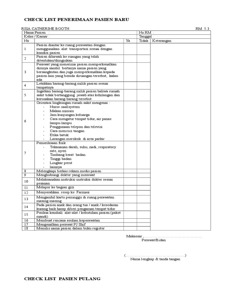 Checklist Penerimaan Pasien Baru | PDF