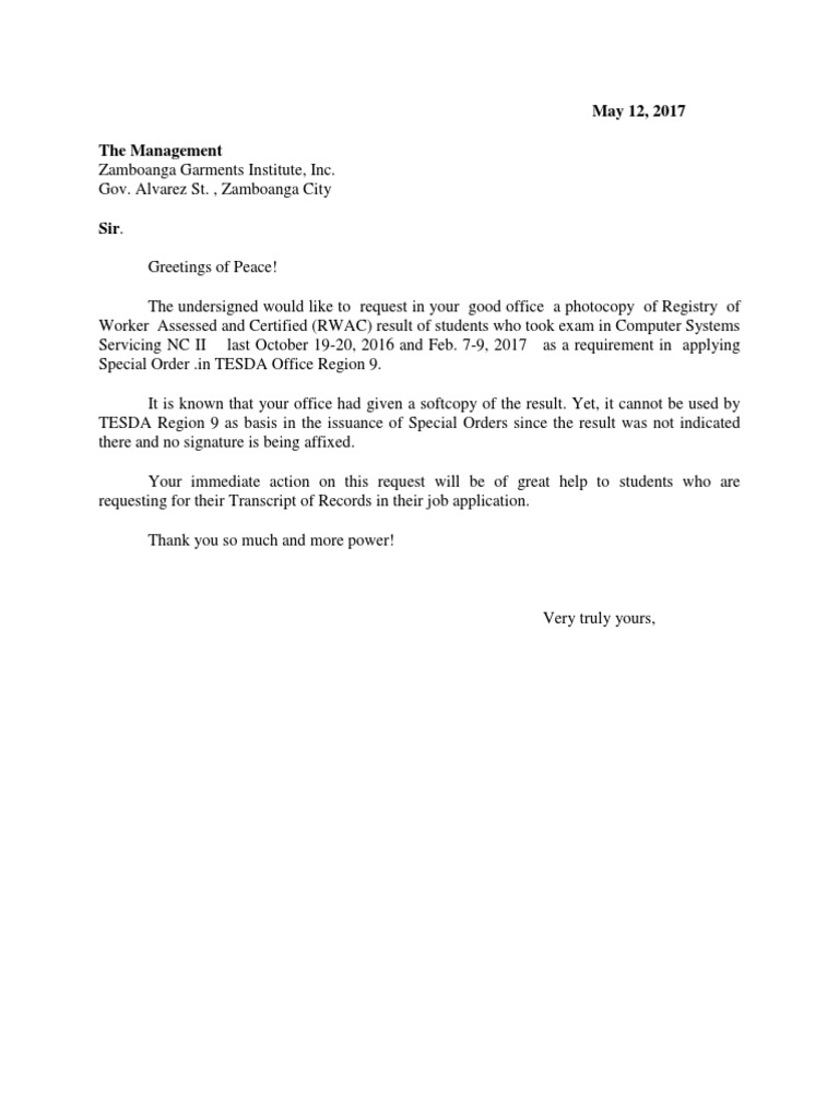 Request for RWAC Results for TESDA | PDF