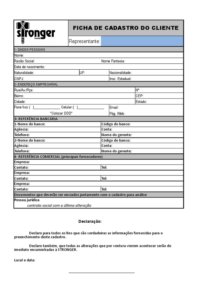 Ficha de cadastro de cliente com dados pessoais, endereço empresarial ...