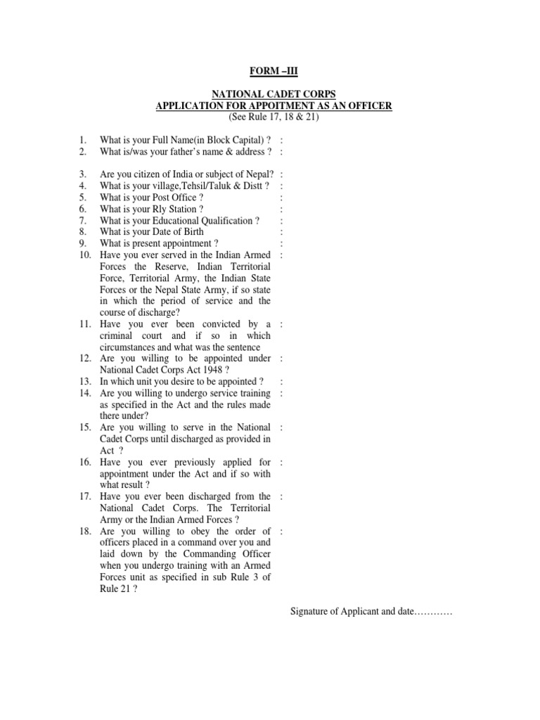 Form - Iii National Cadet Corps Application For Appoitment As An ...