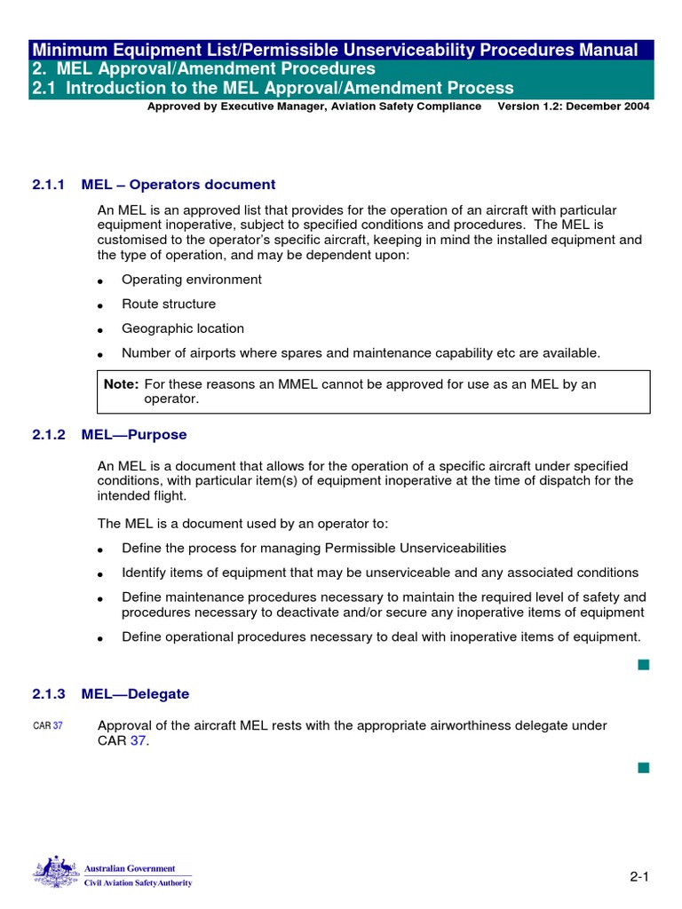 Minimum Equipment List/Permissible Unserviceability Procedures Manual 2 ...