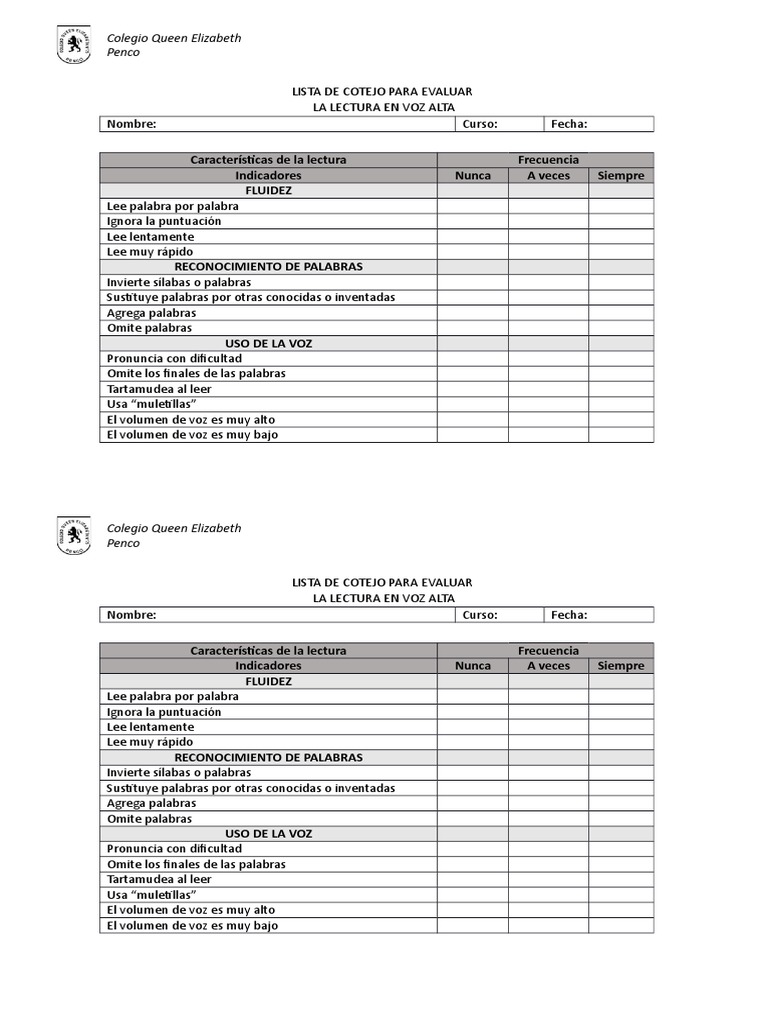 Lista de Cotejo Para Lectura en Voz Alta | Idiomas | Lingüística