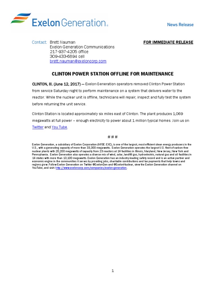 Clinton Power Station Offline For Maintenance 6-12-17 | PDF