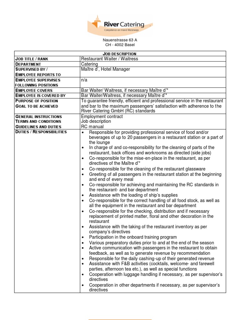 Restaurant Waiter Job Description | PDF | Waiting Staff | Restaurants