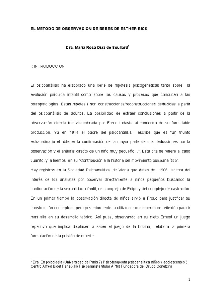 El Metodo de Observacion Esther Bick | PDF | Psicoanálisis | Psicoterapia