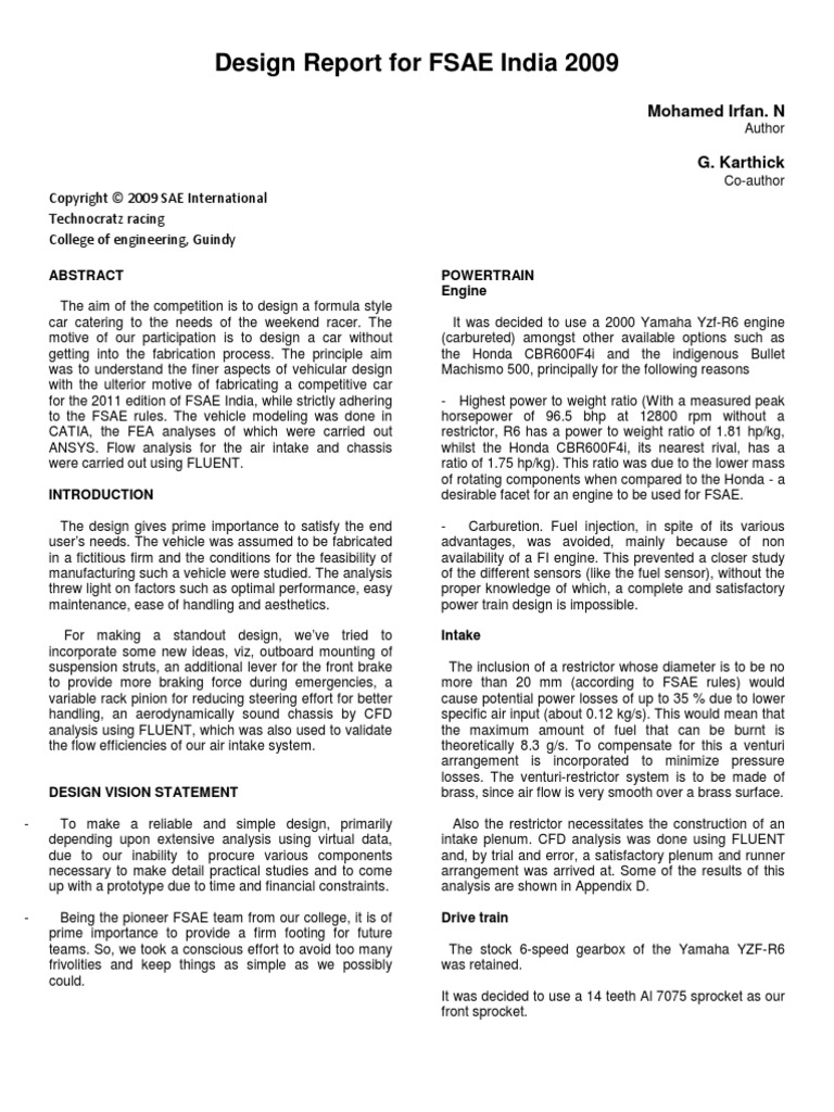 Fsae 2009 Report FINAL | PDF | Sheet Metal | Motor Vehicle