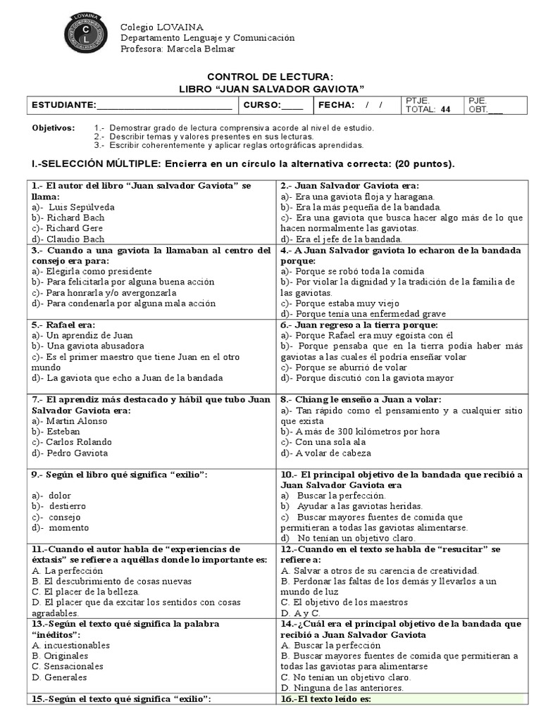 Evaluación de-Lectura-Juan-Salvador-Gaviota 1° Medio | PDF