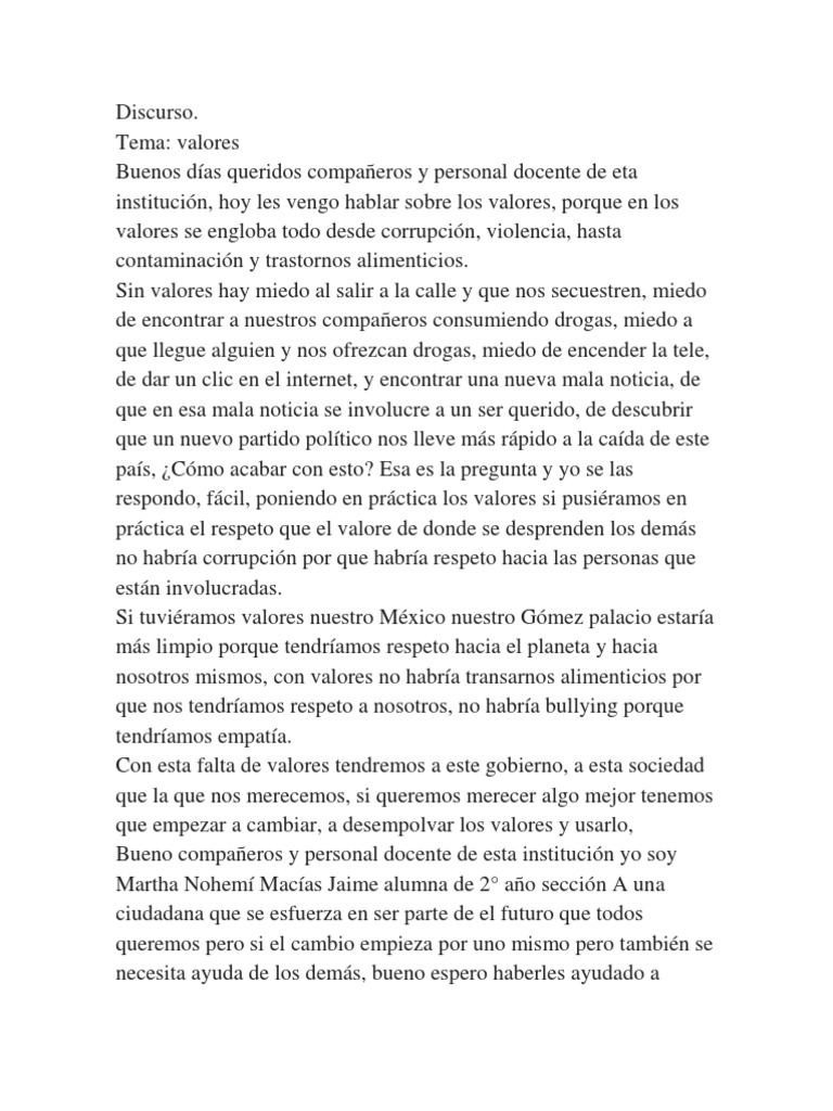 Discurso Sobre Los Valores | PDF