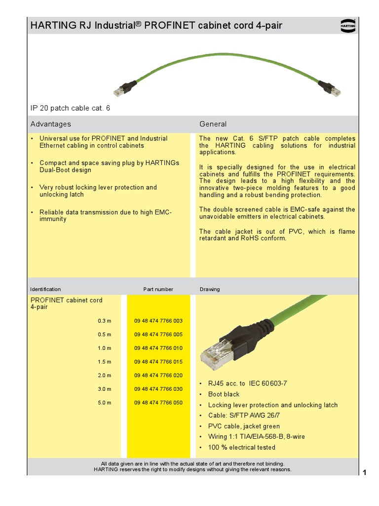 HARTING RJ Industrial PROFINET Cabinet Cord 4-Pair: Advantages General ...