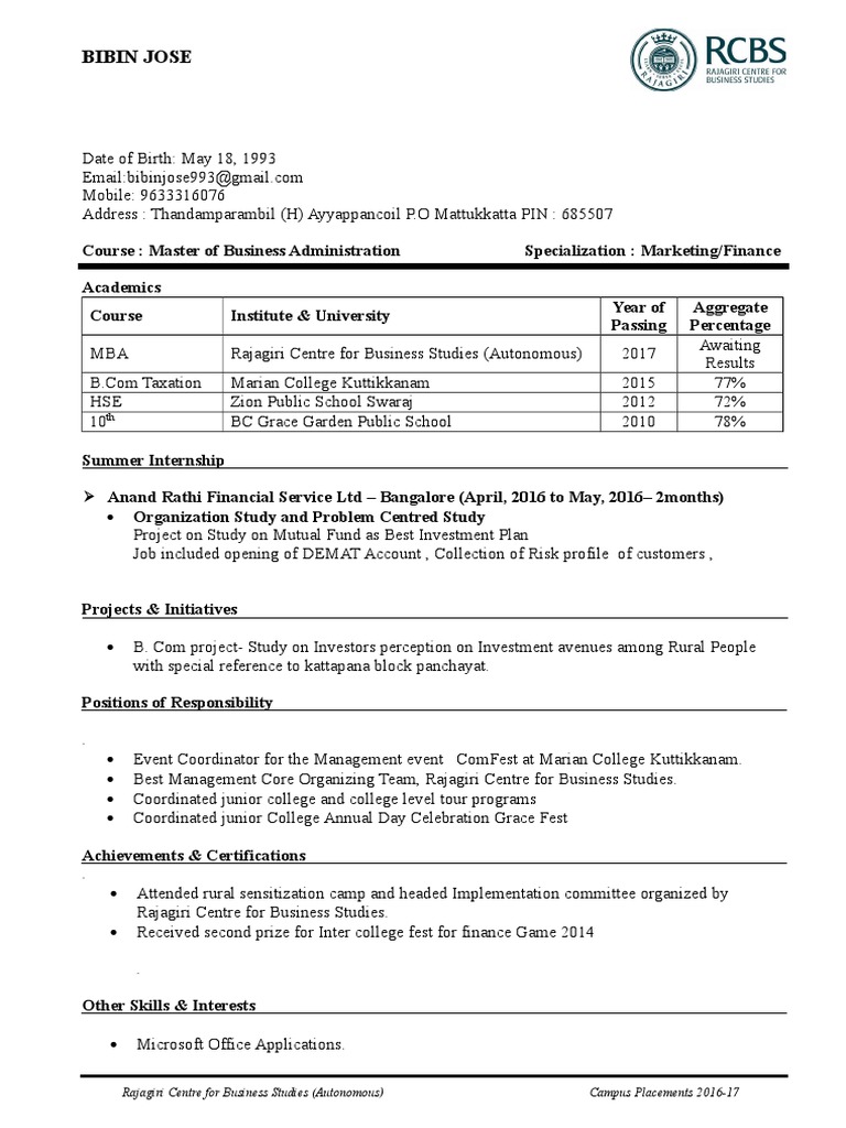 Bibin Jose Resume | PDF | Master Of Business Administration | Money