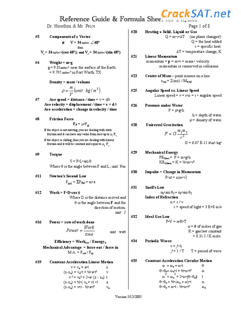 Formula Sheet SAT Physics Study Guide | PDF | Trigonometric Functions ...
