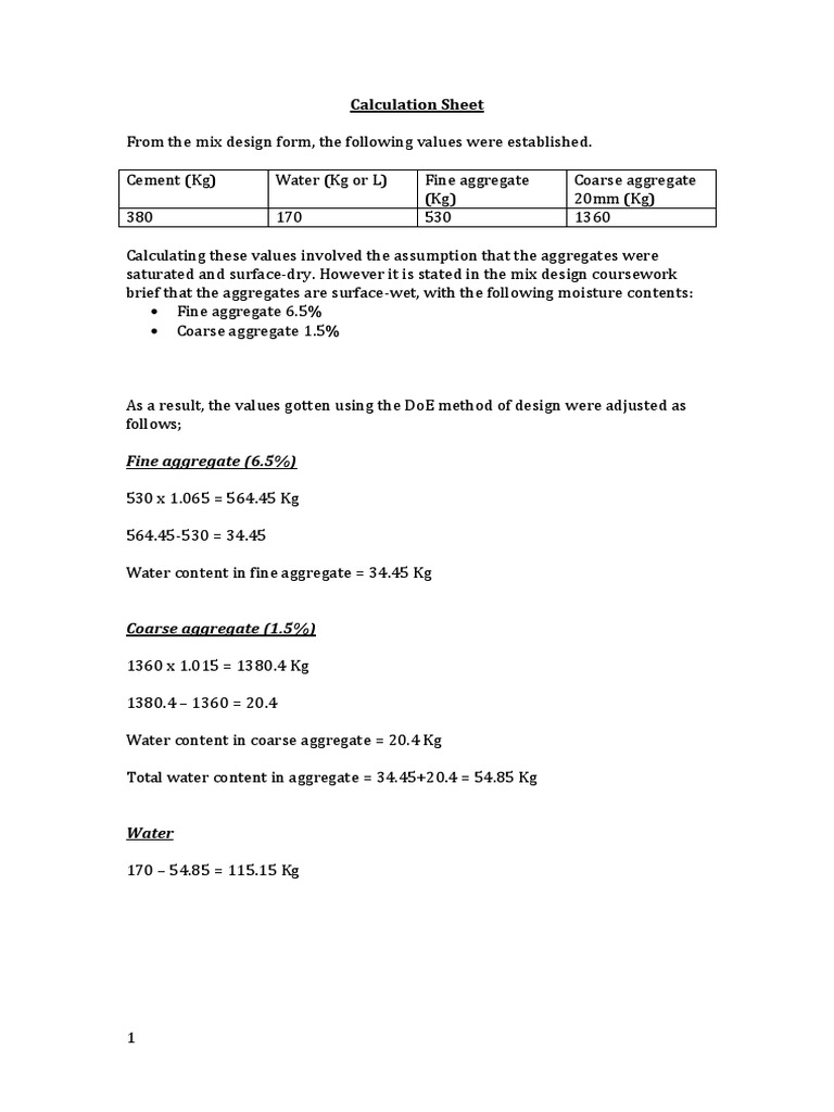 Calculation Sheet: Fine Aggregate (6.5%) | PDF