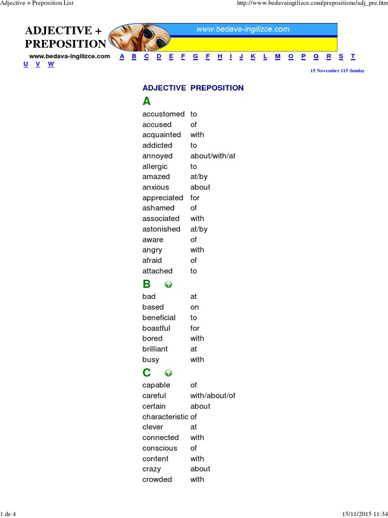 Adjective + Preposition List | PDF