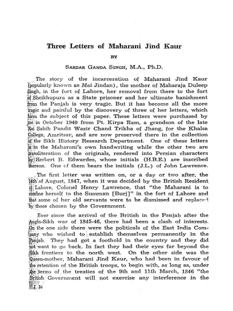 Three Letters of Maharani Jind Kaur - Dr. Ganda Singh | Download Free ...
