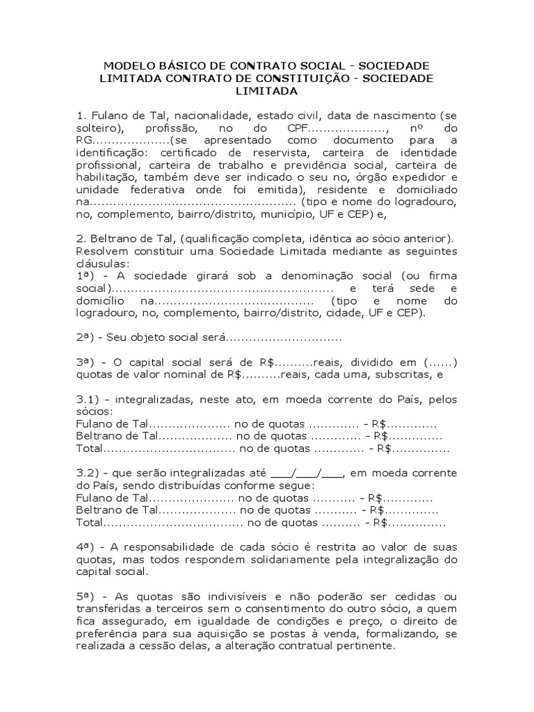 Modelo Básico de Contrato Social - Ltda | PDF | Balancete ...