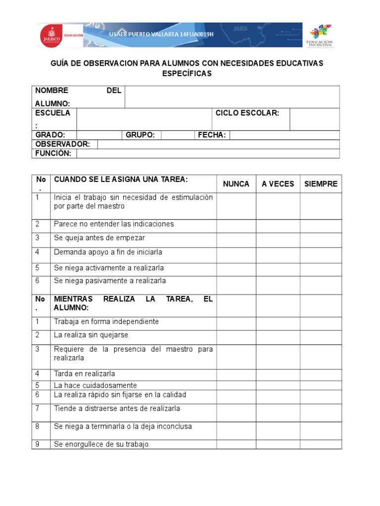 Guía de Observacion para Alumnos Con Necesidades Educativas Específicas ...