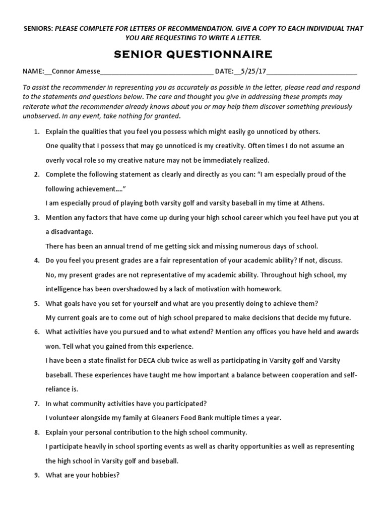 Senior Questionnaire | PDF | Cognition | Schools