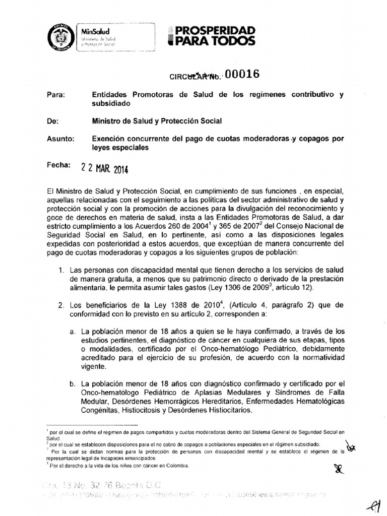6 Circular 0016 de 2014 Excepciones Copagos | PDF