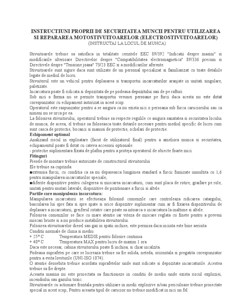 Instructiuni Proprii SSM Stivuitorist | PDF