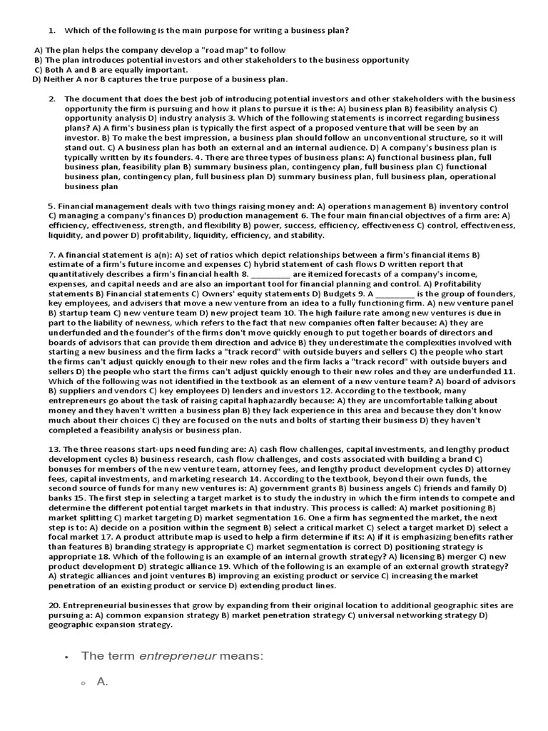 Entrep Exam Pre Test | PDF | Business Plan | Small Business