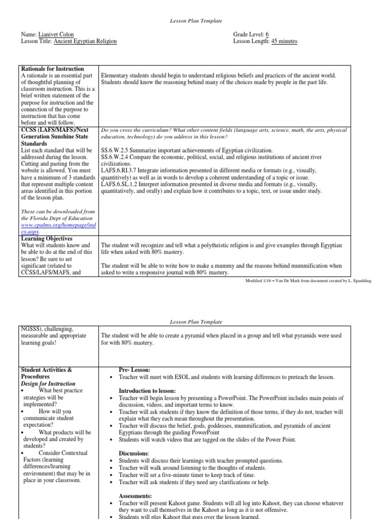 Ancient Egypt Religion Lesson Plan | PDF | Educational Assessment ...