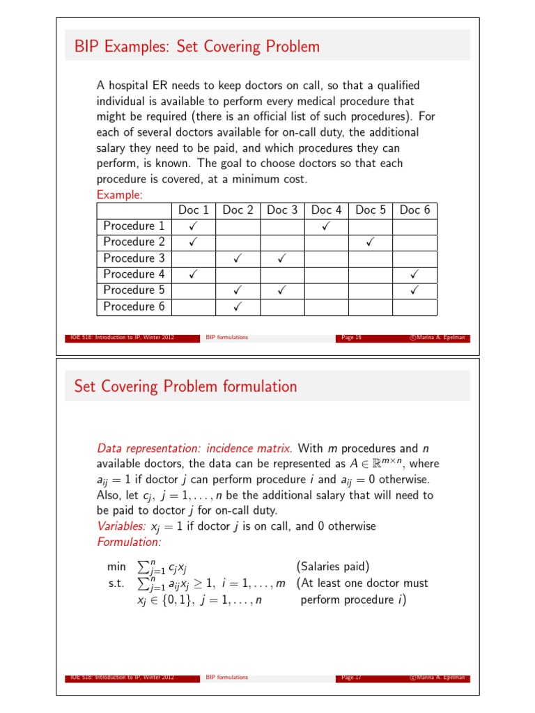BIP Examples: Set Covering Problem: Example | PDF | Mathematical ...