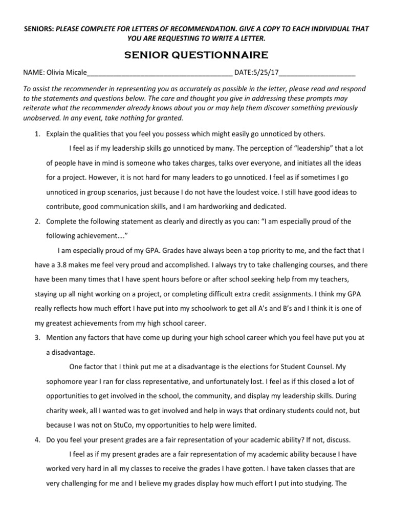 Senior Questionnaire | PDF | Secondary School | Grading (Education)