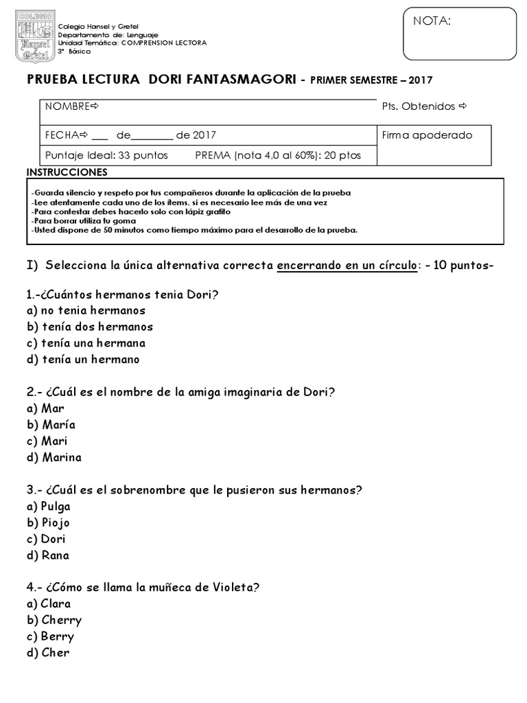 Prueba de Comprensión: Dori Fantasmagori | PDF | Ocio