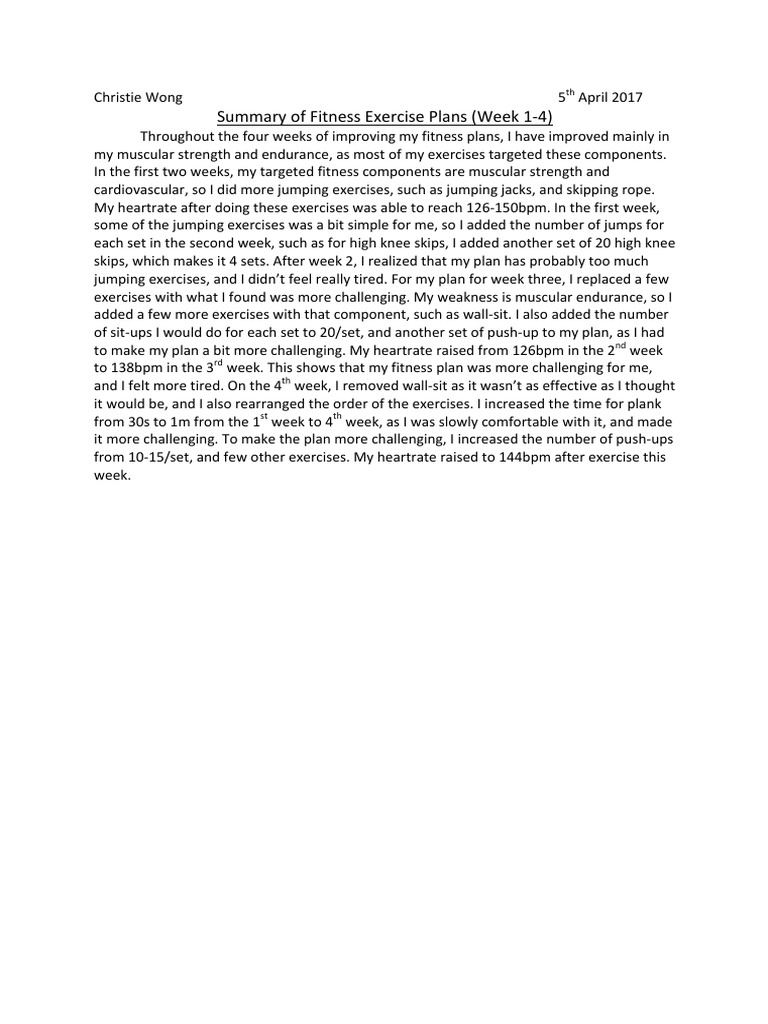 Fitness Exercise Plans Summary: Weeks 1-4 | PDF