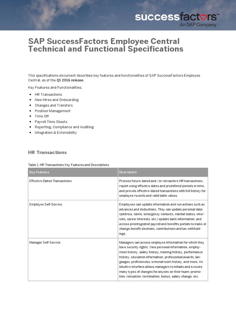 Employee Central Specifications | Sap Se | Employment