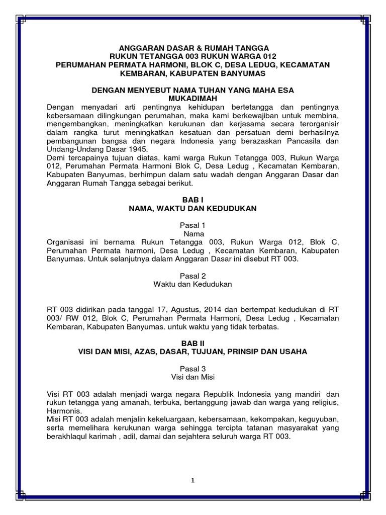 ANGGARAN DASAR Dan RUMAH TANGGA RT 003 PDF
