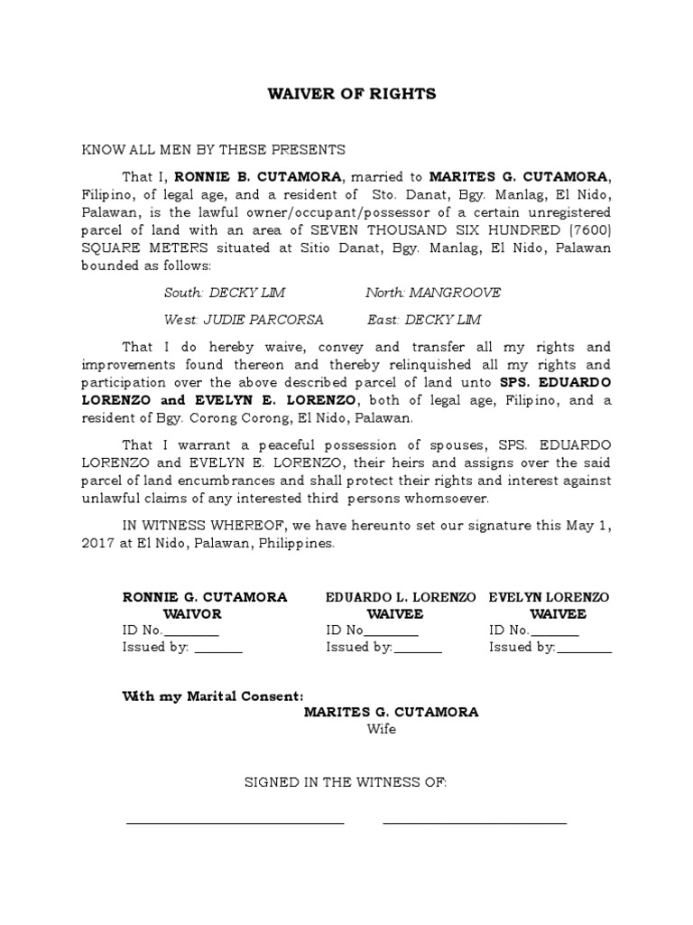 Waiver of Rights - Cutamora | PDF | Waiver | Property Law