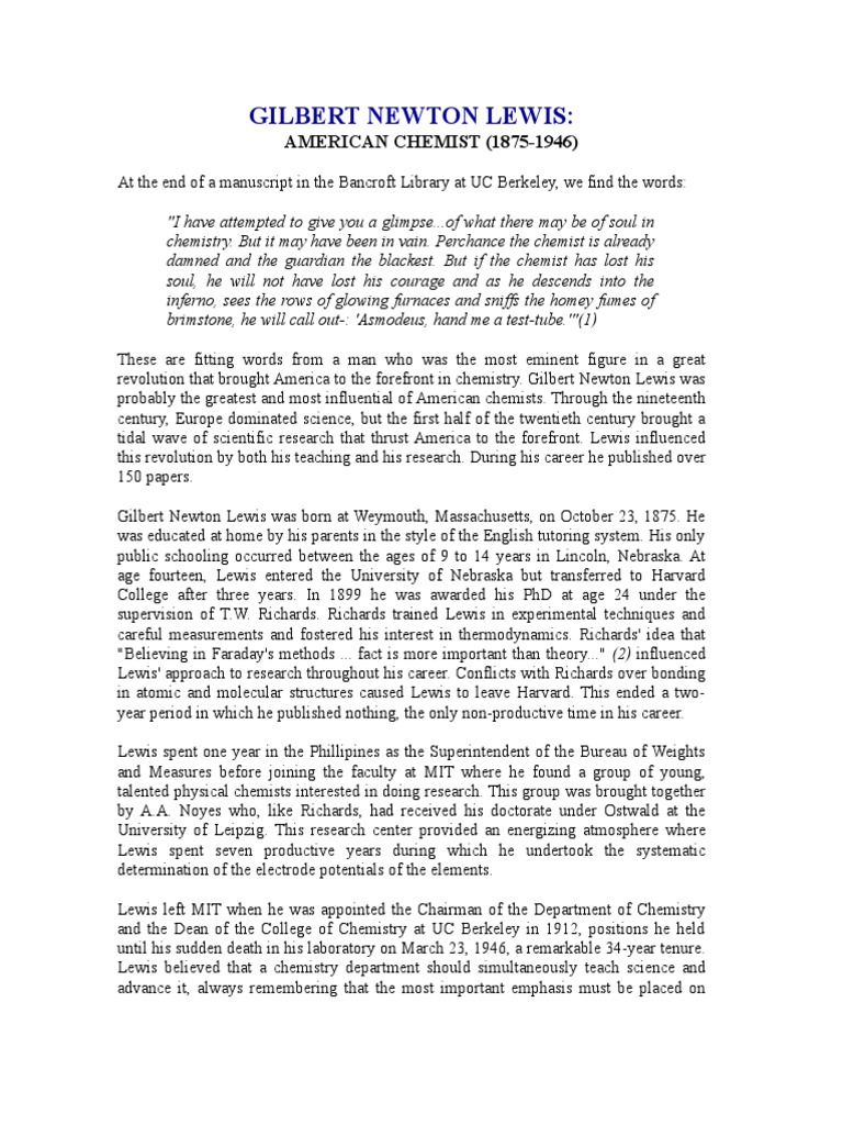 Gilbert Newton Lewis1 | Chemical Bond | Atoms