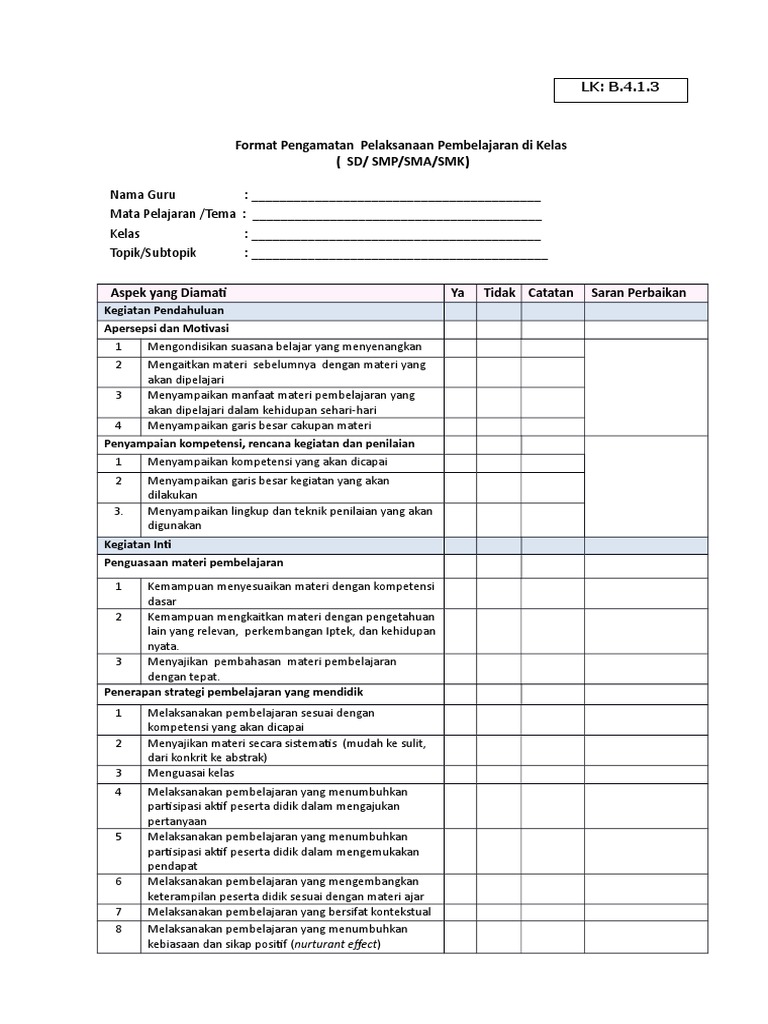 Format Pengamatan Pembelajaran Kelas | PDF