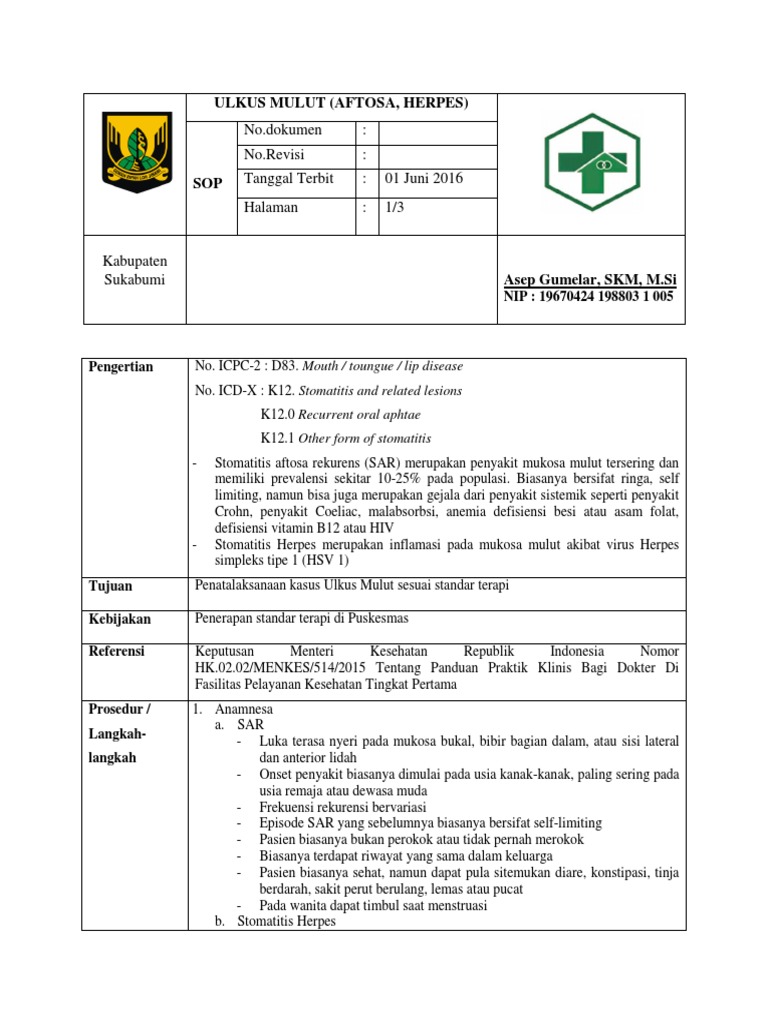 SOP Ulkus Mulut (Aftosa, Herpes) | PDF