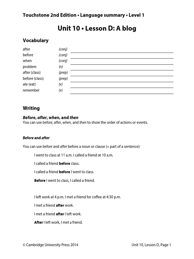 Unit 10 - Lesson D: A Blog: Touchstone 2nd Edition - Language Summary - Level 1 | PDF