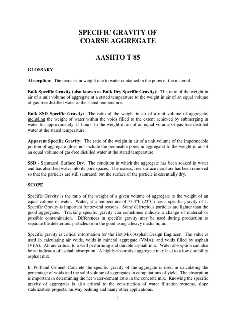 Specific Gravity of Coarse Aggregate Aashto T 85 | PDF