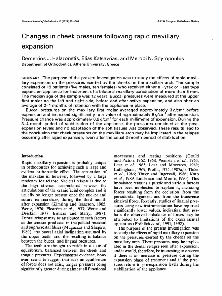 Changes in Cheek Pressure Following Rapid Maxillary Expansion | PDF ...